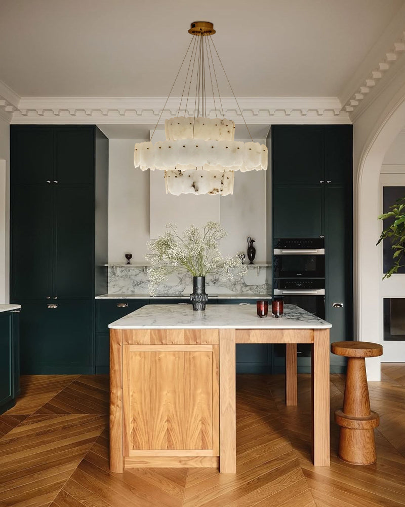 6-tiered stairwell chandeliers | irregular alabaster plate in disk ...